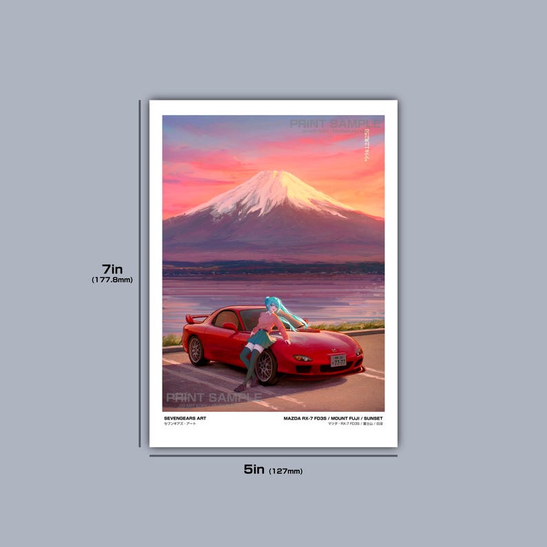 Mazda RX7 FD + Hatsune Miku + Mt. Fuji | Art Print | 5x7" / 12x16 ...