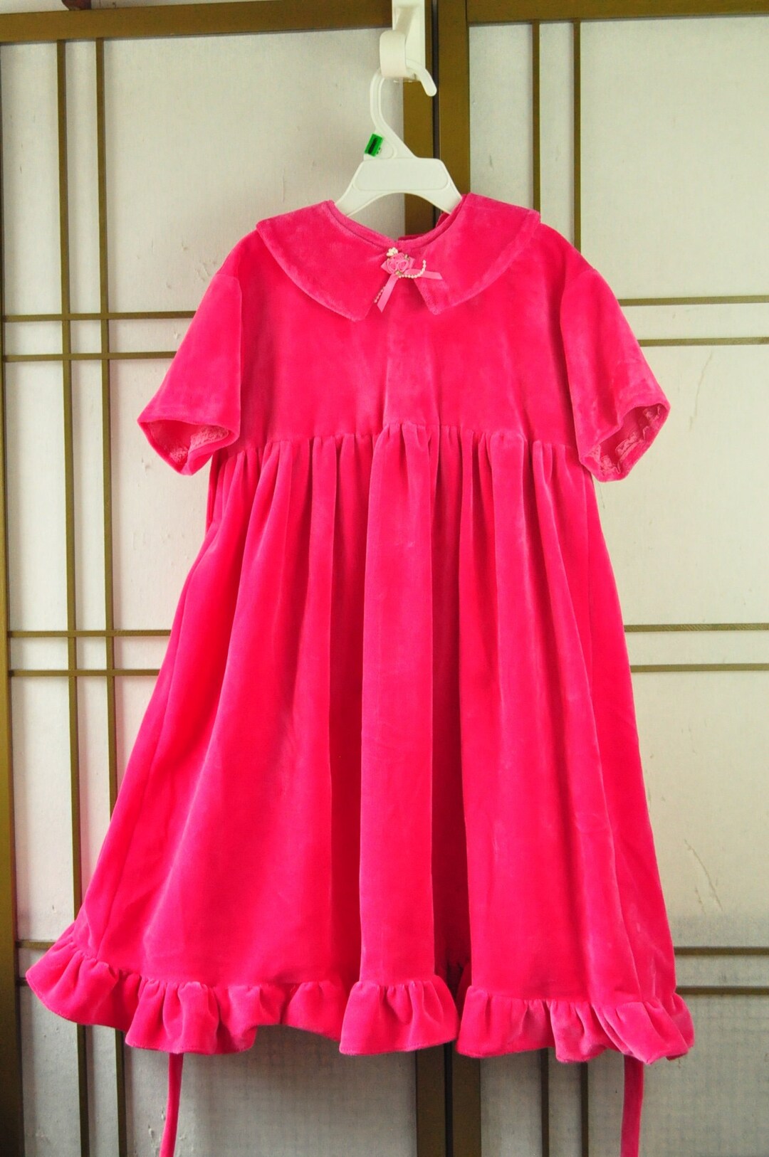 Vintage Girls Velvet Dress Hot Pink Handmade OOAK Short Sleeve Holiday ...