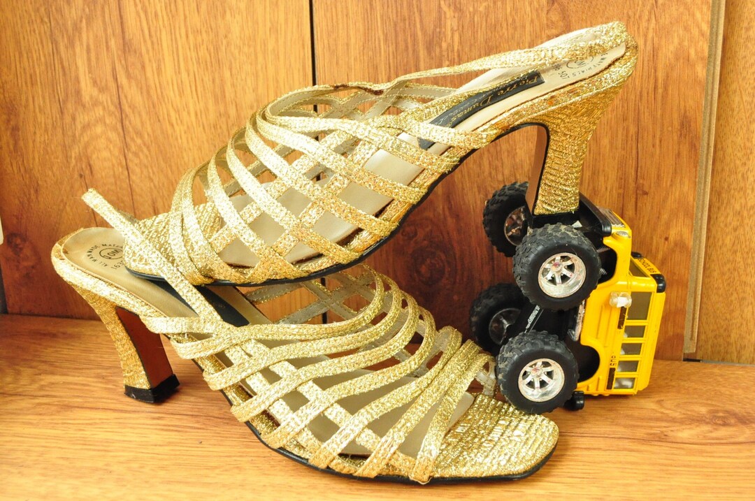 Vintage 60s Metallic Gold Shoes Strappy Cage Sandals Womens Costume 3 ...