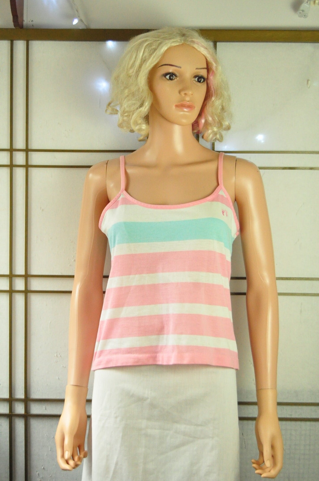 70s Vintage Tank Top Hang Ten Juniors Womens Pink White Blue Stripe ...