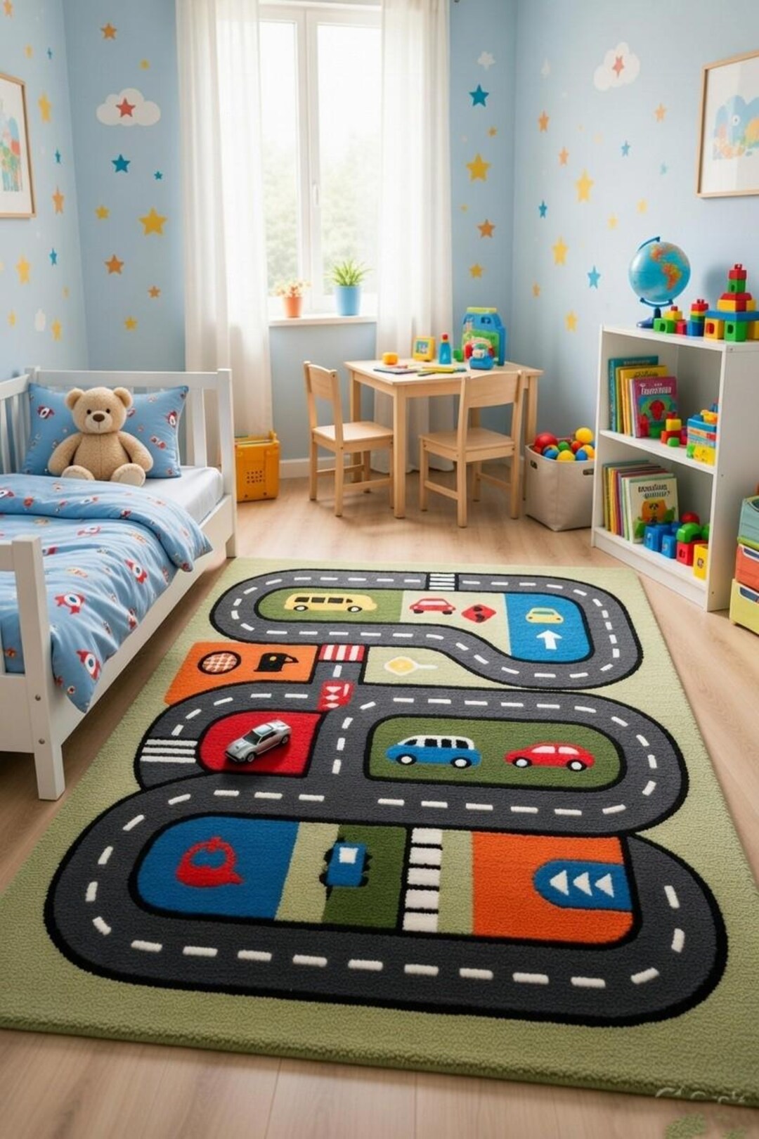 Hand Tufted Kids Road Map Rug, Green Wool Playroom Carpet With Cars ...