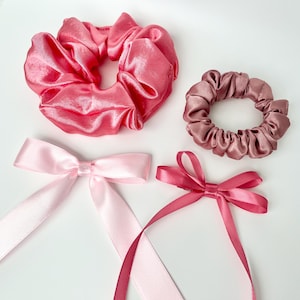 Set of 4 Pink Satin Hair Scrunchies and Bows, Elegant Satin Scrunchies ...