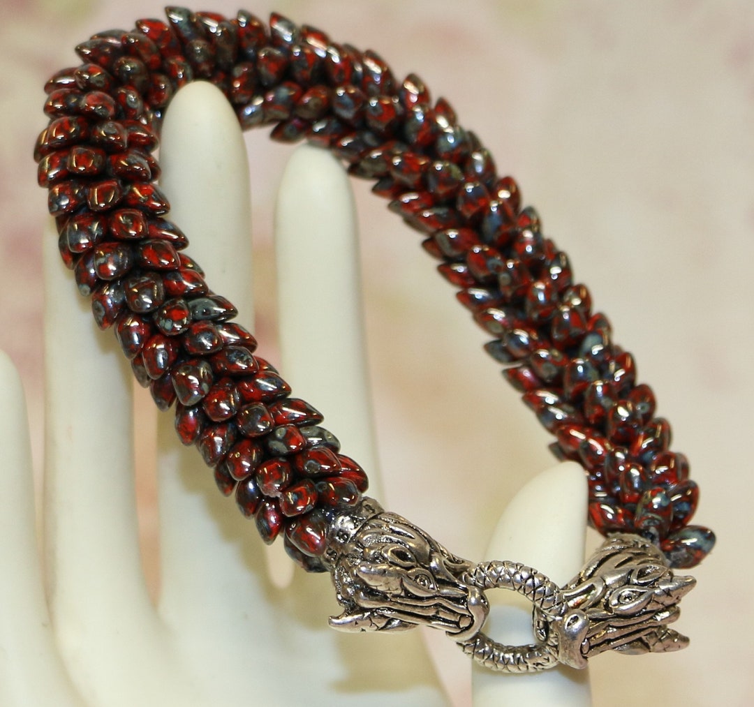 Dragon Scale Bracelet, Magatama Beads, Silver Metal Dragon Heads, Oval ...