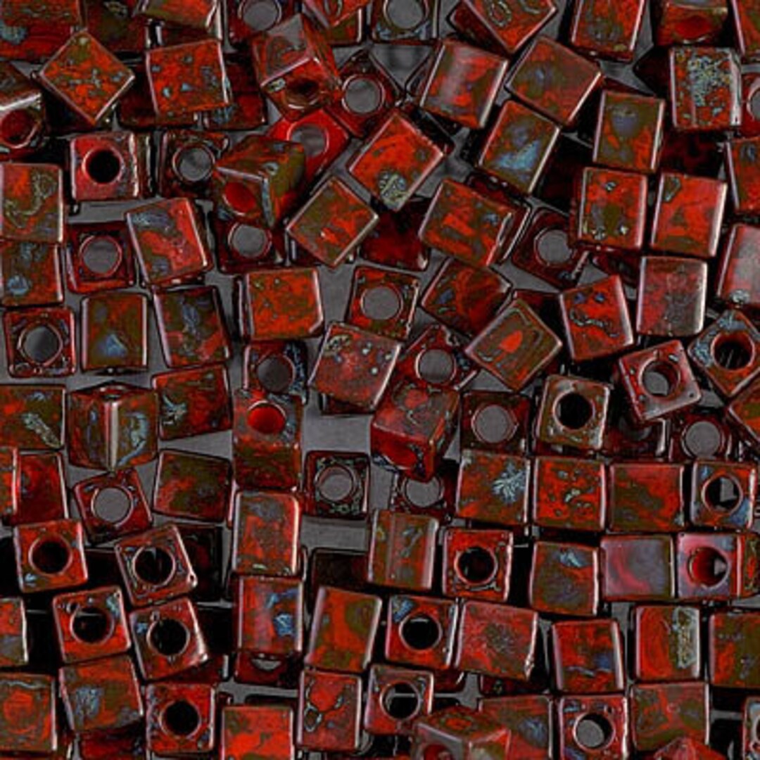 SB-4513, Miyuki, Opaque Red Picasso, 4x4mm Square Beads, Glass Beads ...