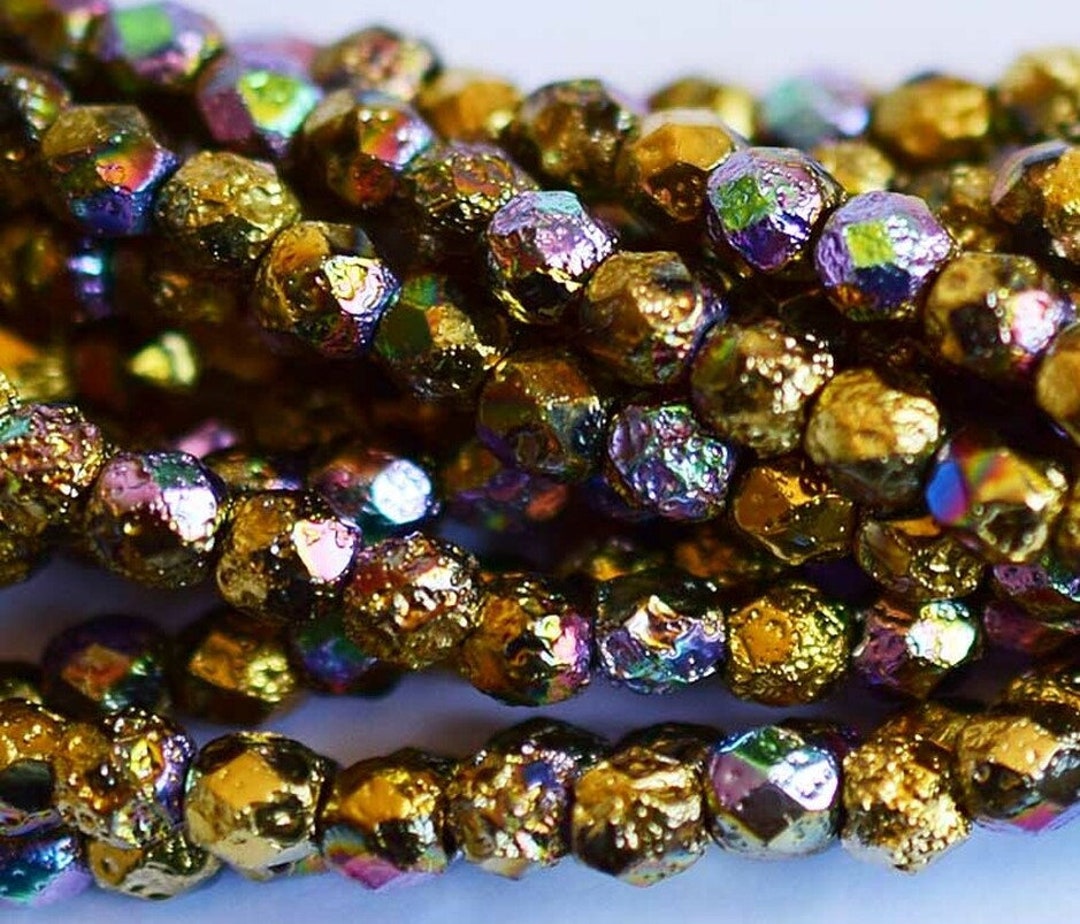 50, GOLD ORE Etched AB, 4mm Czech, Round Fire Polished, Glass Beads, (b ...
