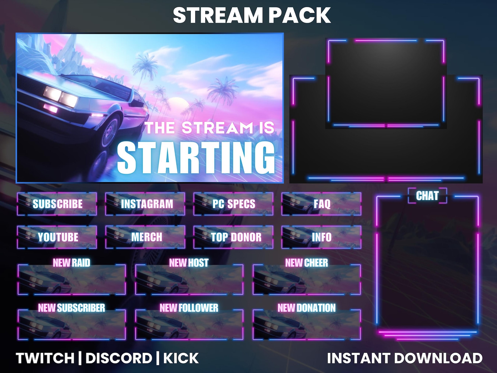 Classic Car Animated Twitch Stream Pack | Neon Pink & Blue - Etsy