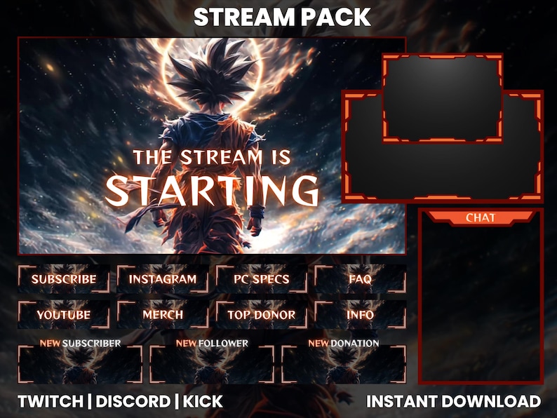 Anime Twitch Stream Overlay Pack | Goku Style, Animated Screens - Etsy