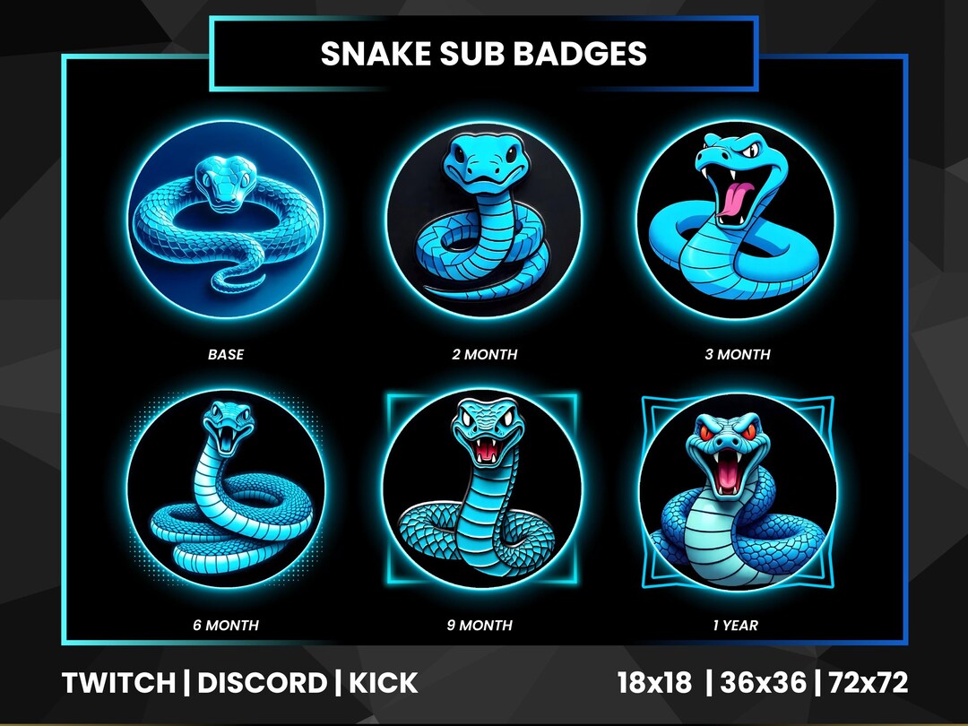 Neon Blue Snake Sub Badges for Twitch | Evolving Reptile Loyalty Badges ...