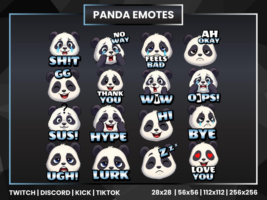 Panda Emotes | Twitch Panda Emotes Pack | 16 Panda Twitch Emotes | Text ...