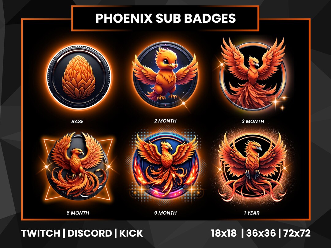 Fiery Phoenix Twitch Sub Badges | Phoenix Bit Badges | Phoenix Emotes ...
