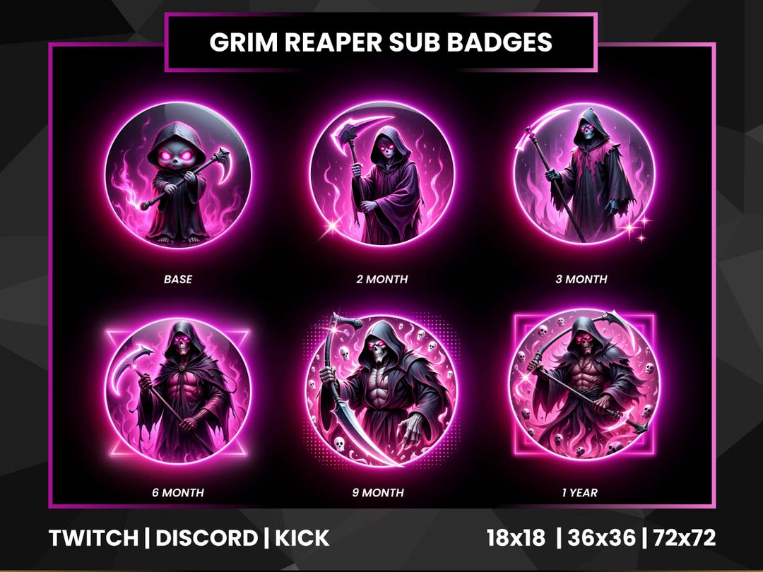 Pink Grim Reaper Sub Badges for Twitch | Scythe Skull Badges (PNG) - Etsy