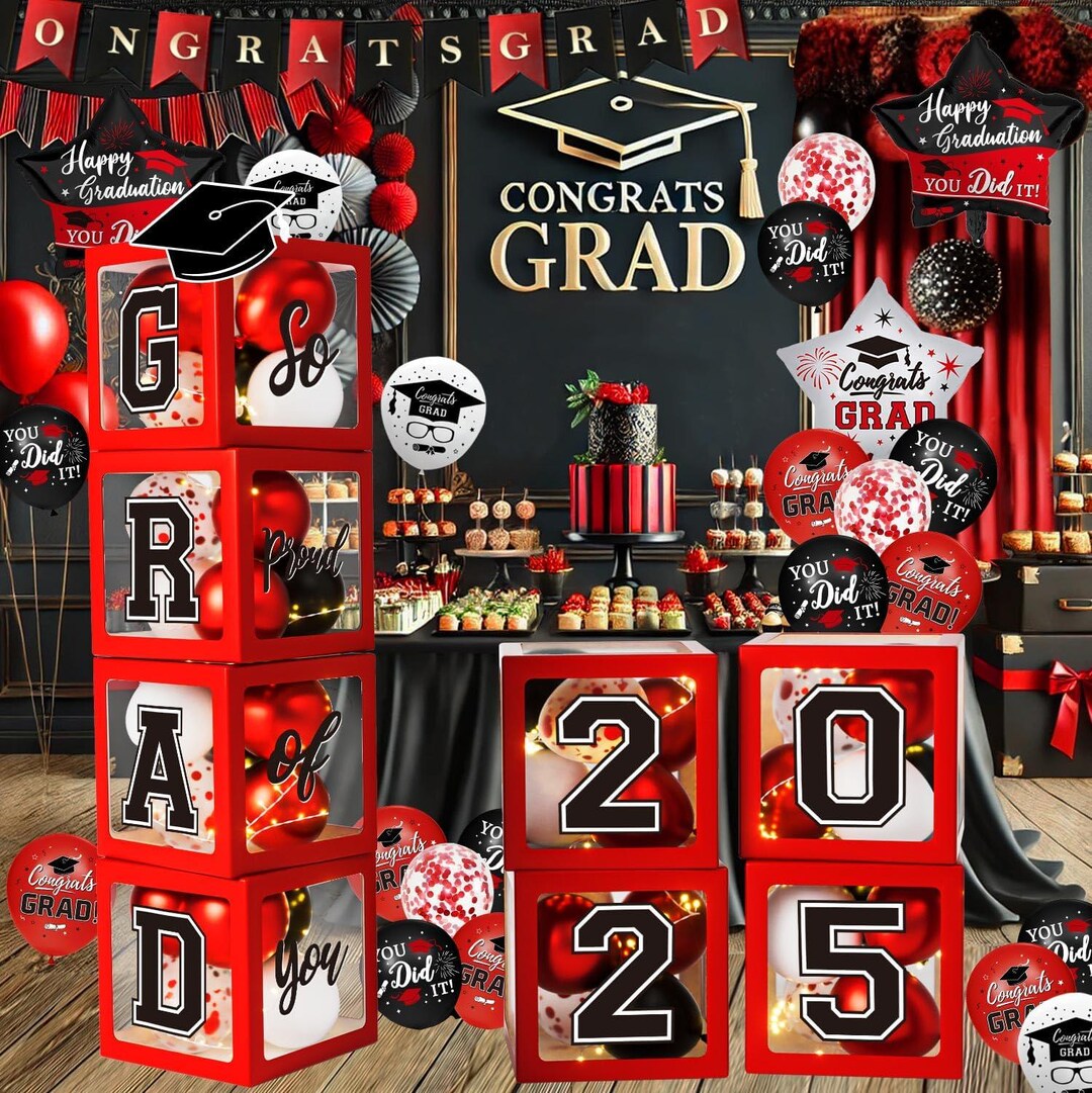 Graduation Decorations Class of 2025, Red and Black Balloon Boxes Party ...