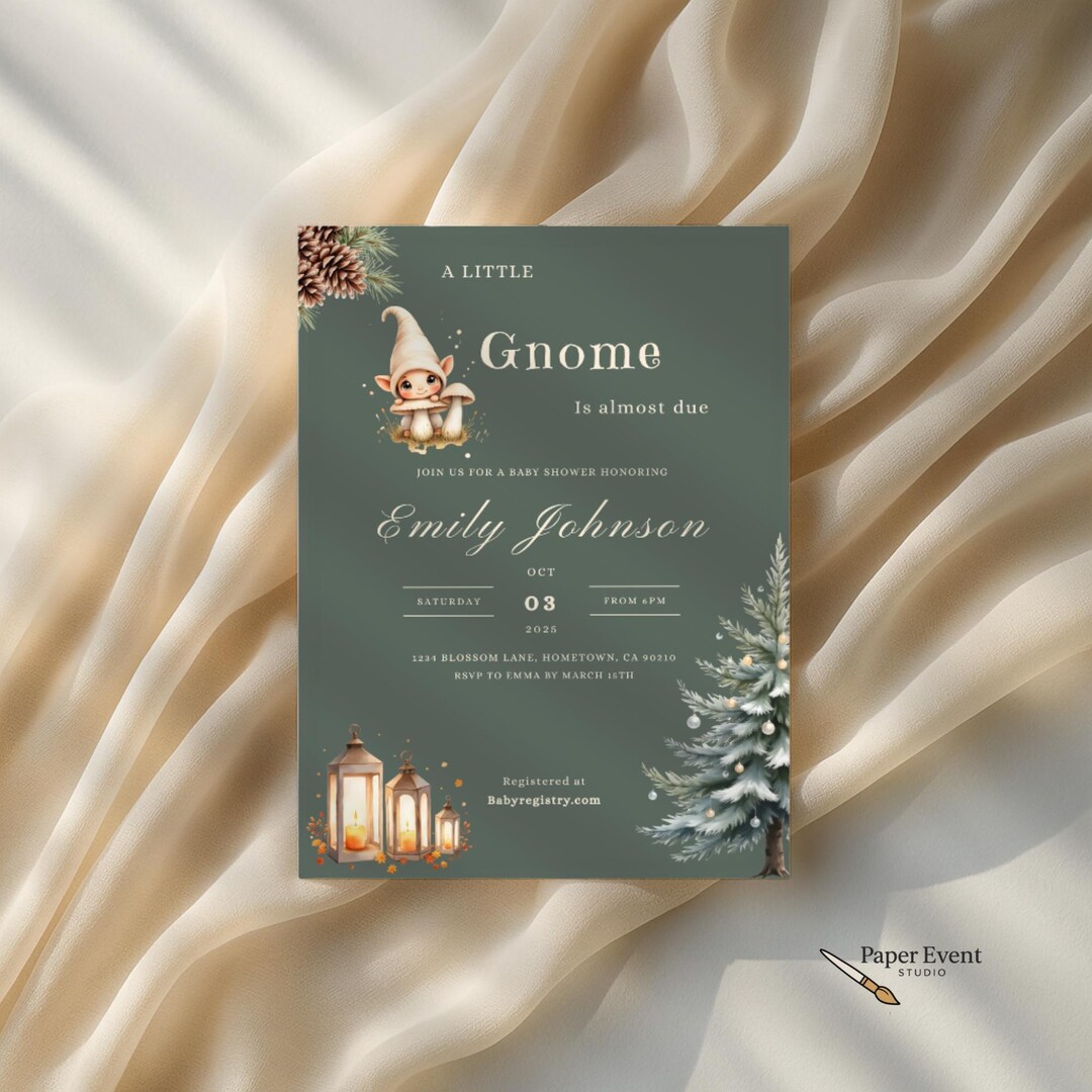 Gnome Baby Shower Invitation Suite | Sage Green Xmas | Autumn Unisex ...