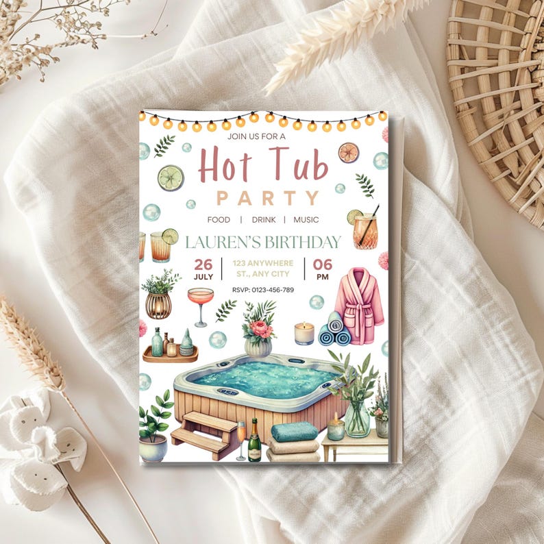Hot Tub Party Invitation | Spa Birthday Invite | Editable Digital ...
