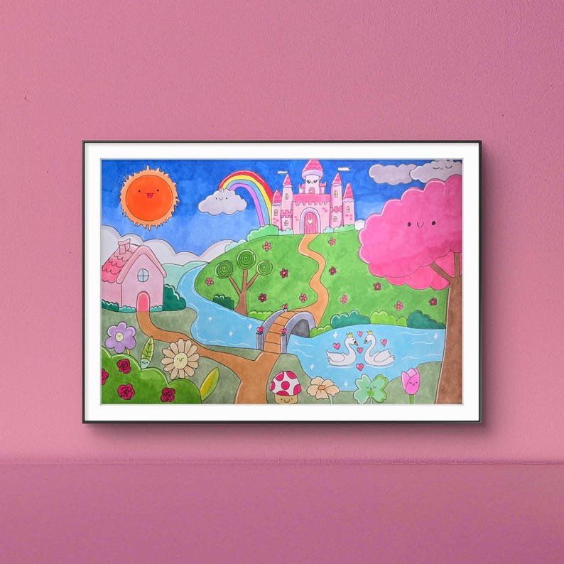 A4 Kawaii Fairytale Landscape Print | Whimsical Castle & Rainbow Scene ...