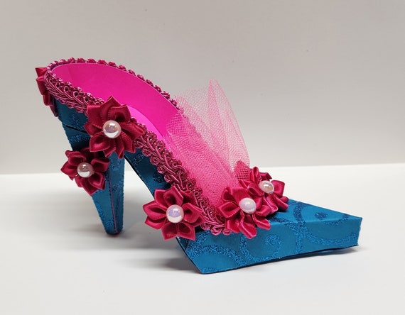 Paper Shoe Keepsake, Blue and Hot Pink High Heel Paper Keepsake Shoe ...