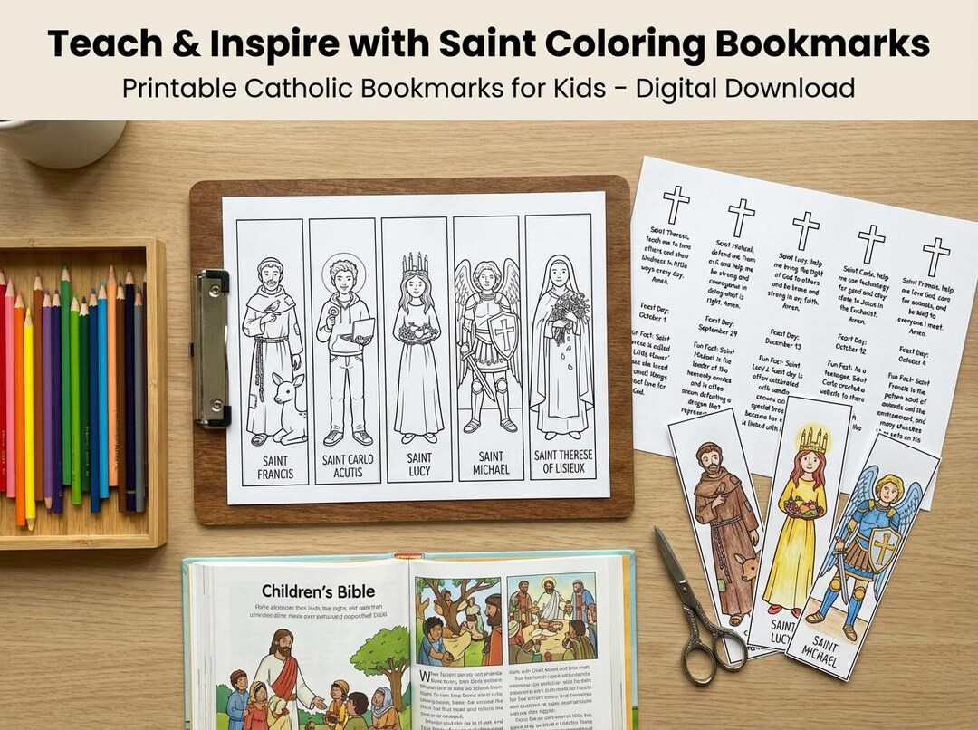 Catholic Coloring Saint Bookmarks, Kids Prayer Card, Feast Days & Fun ...