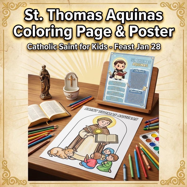 St Thomas Aquinas Homeschool Saint Poster & Coloring Page Catholic Kids ...