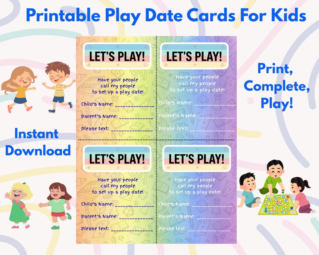 Printable Play Date Cards for Kids | Editable Kids Contact Card Sheet ...