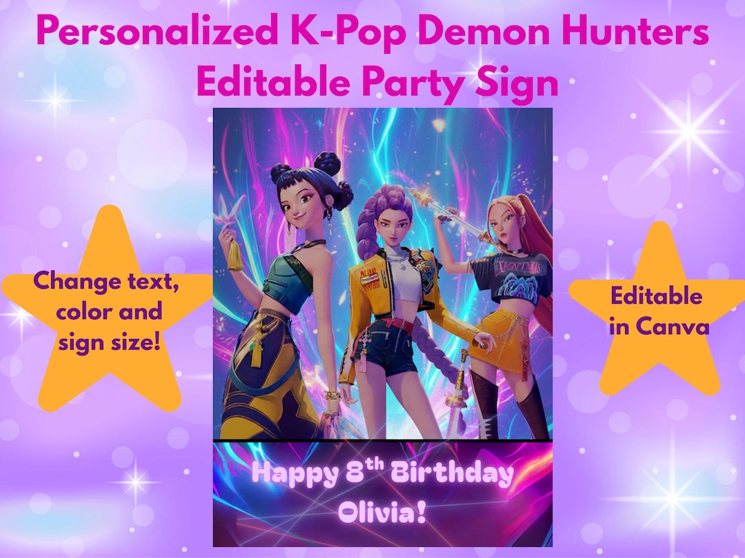 Editable K-pop Demon Hunters Birthday Sign | Canva Template | Printable ...