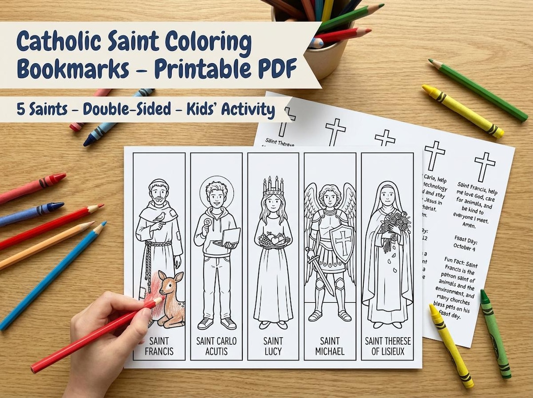 Catholic Coloring Bookmarks, Fun Prayer Cards for Kids, Saint Feast ...