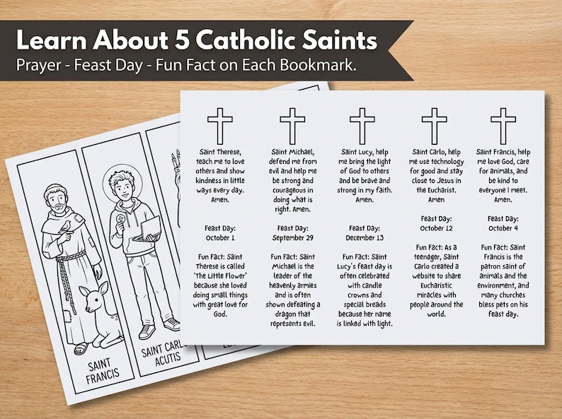 Catholic Coloring Bookmarks, Fun Prayer Cards for Kids, Saint Feast ...