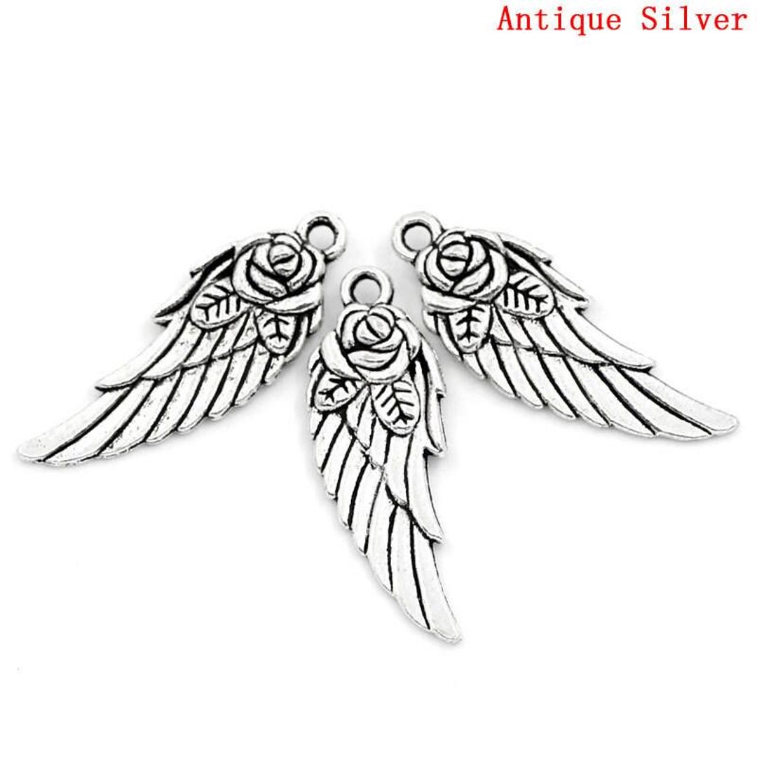 10 Pcs. Antique Silver Flower Carved Wing Charms Pendants - 31mm X 11mm ...