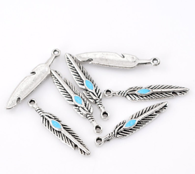 10pcs. Antique Silver Feather Blue Enamel Charms Pendants - Etsy