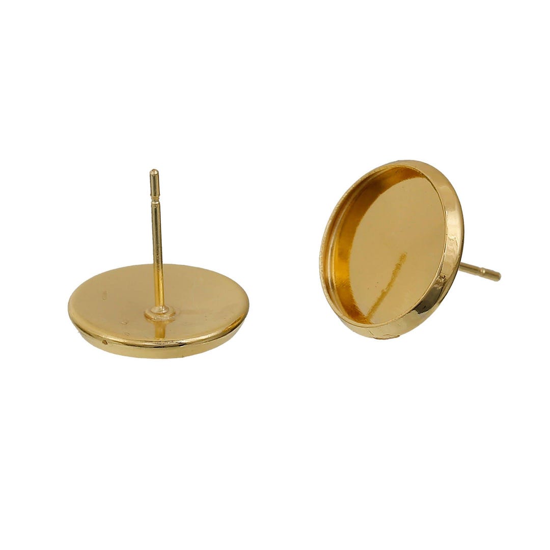 10 Pcs. Gold Plated Earring Posts Settings Bezels Cabochons Tacks- 14mm ...