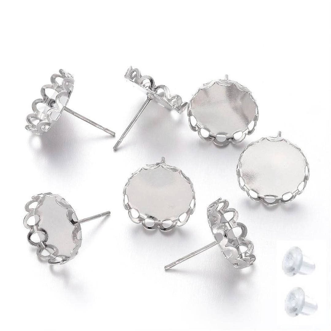 10 Pcs. (5 Pairs) Silver Plated Earring Posts Settings Bezels Cabochons ...