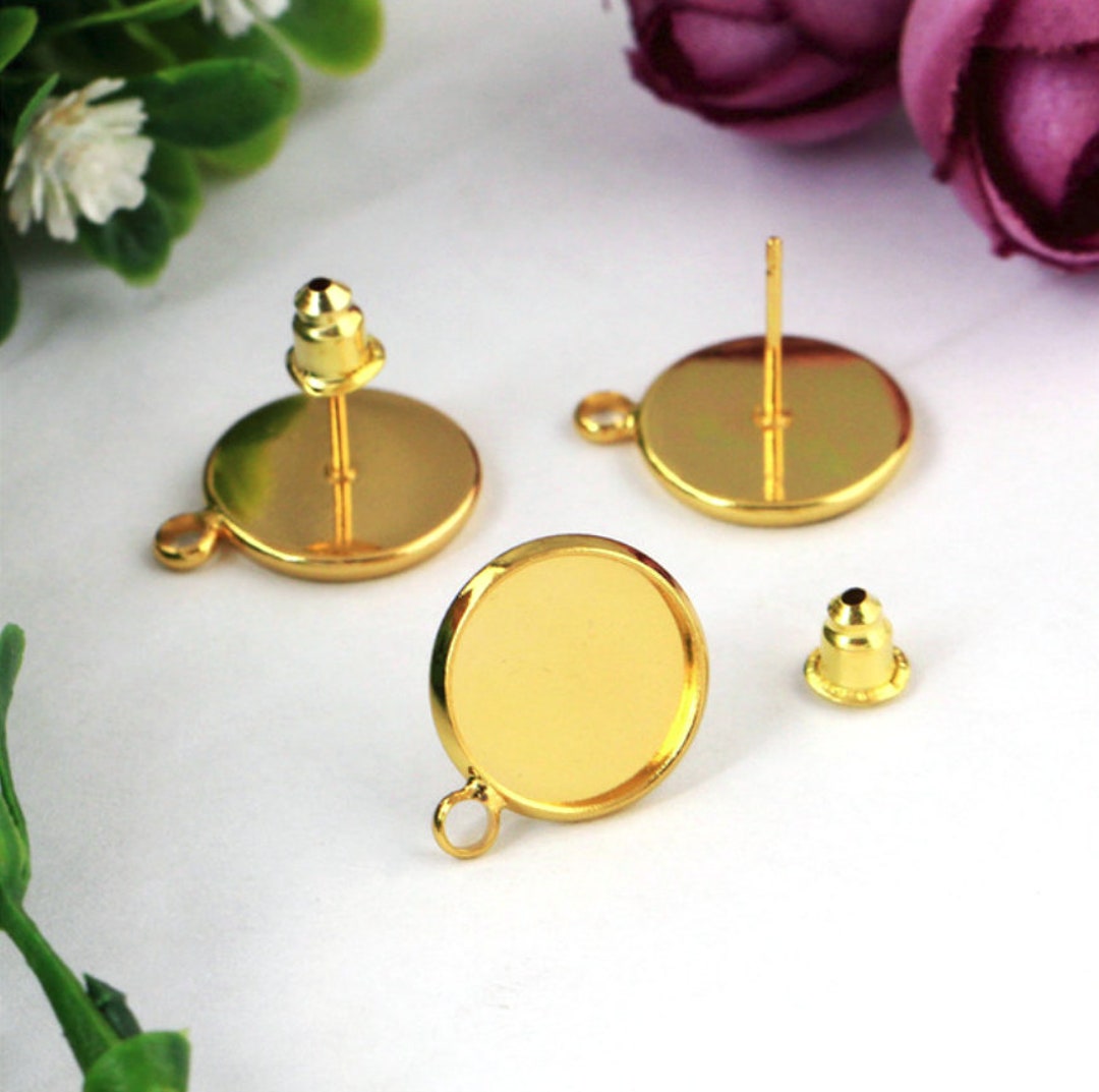 10 Pcs. Gold Plated Earring Posts Studs Settings Bezels Cabochons Tacks ...