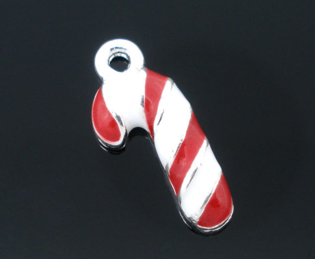 20 Pcs. Silver Plated Enamel Candy Cane Striped Christmas Charms ...