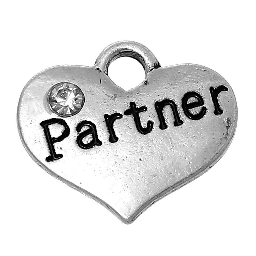 1 or 2 or 4 Pcs. Antique Silver "partner" Charm With Rhinestone- 16mm X ...