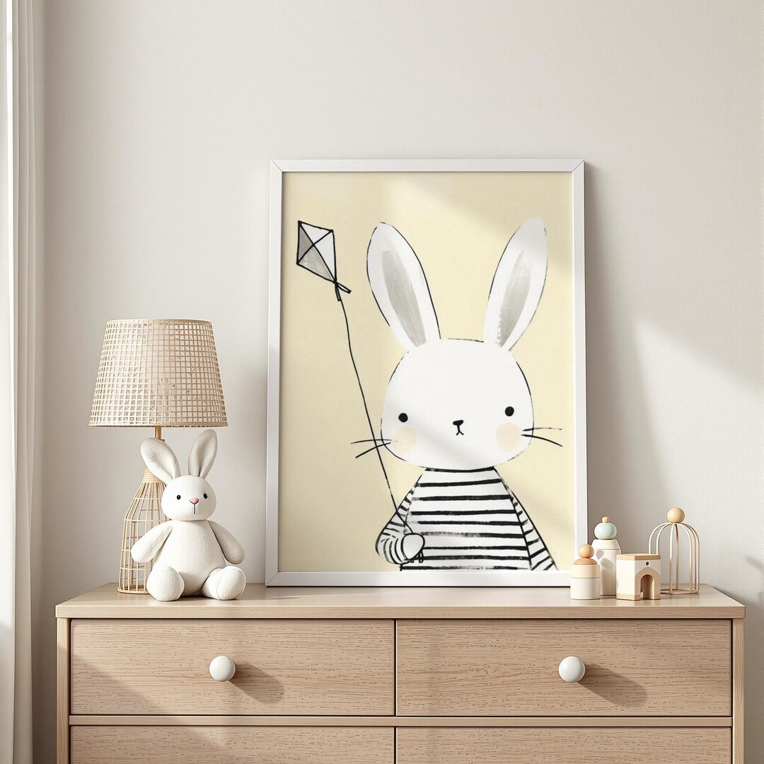 Kite-flying Rabbit Print, Bunny With Kite Nursery Illustration, Kids ...
