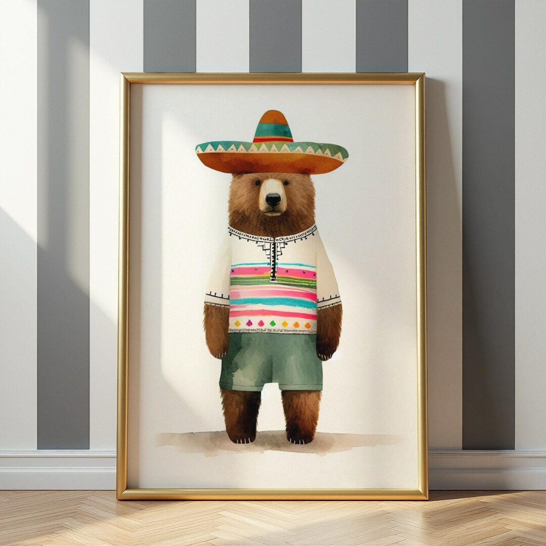 Bear Mexico Style Sombrero Print, Brown Bear in Poncho & Sombrero ...