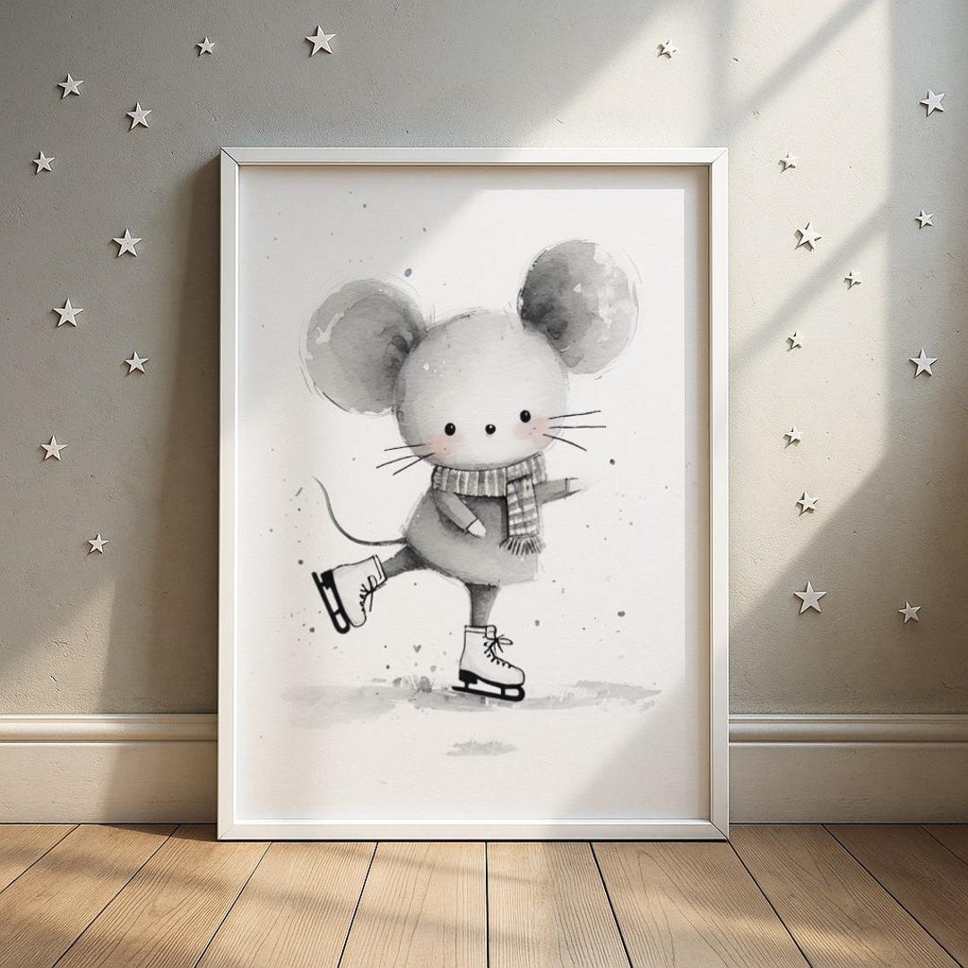 Ice Skating Mouse Art Print, Cute Winter Animal Wall Art for Kids Room ...