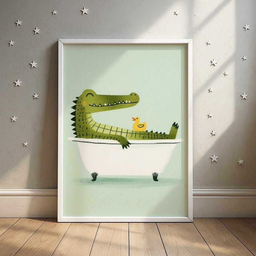 Alligator Bath Time Printable Wall Art, Crocodile in Bathtub With ...