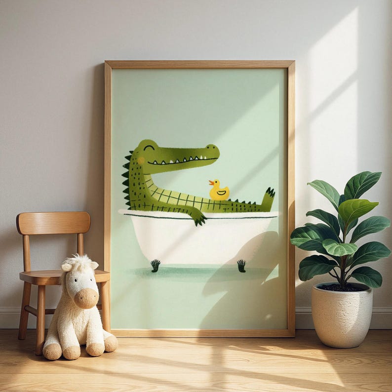 Alligator Bath Time Printable Wall Art, Crocodile in Bathtub With ...