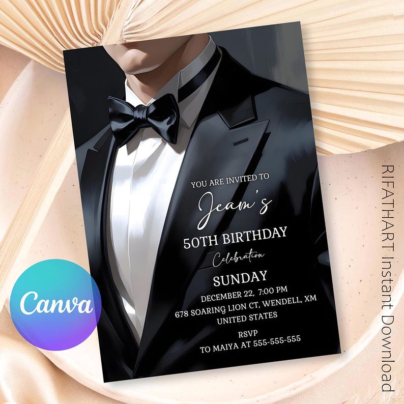 Tuxedo Birthday Invitation, Men’s Birthday, Black Tie, Canva Template ...