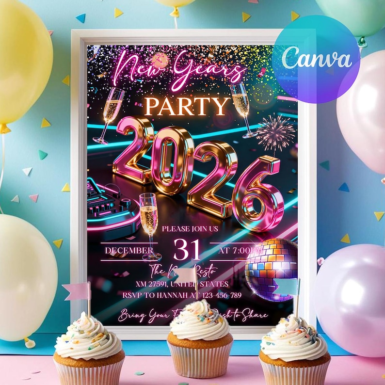 New Year 2026 Party Invite, Gold Balloon Celebration Template, NYE ...