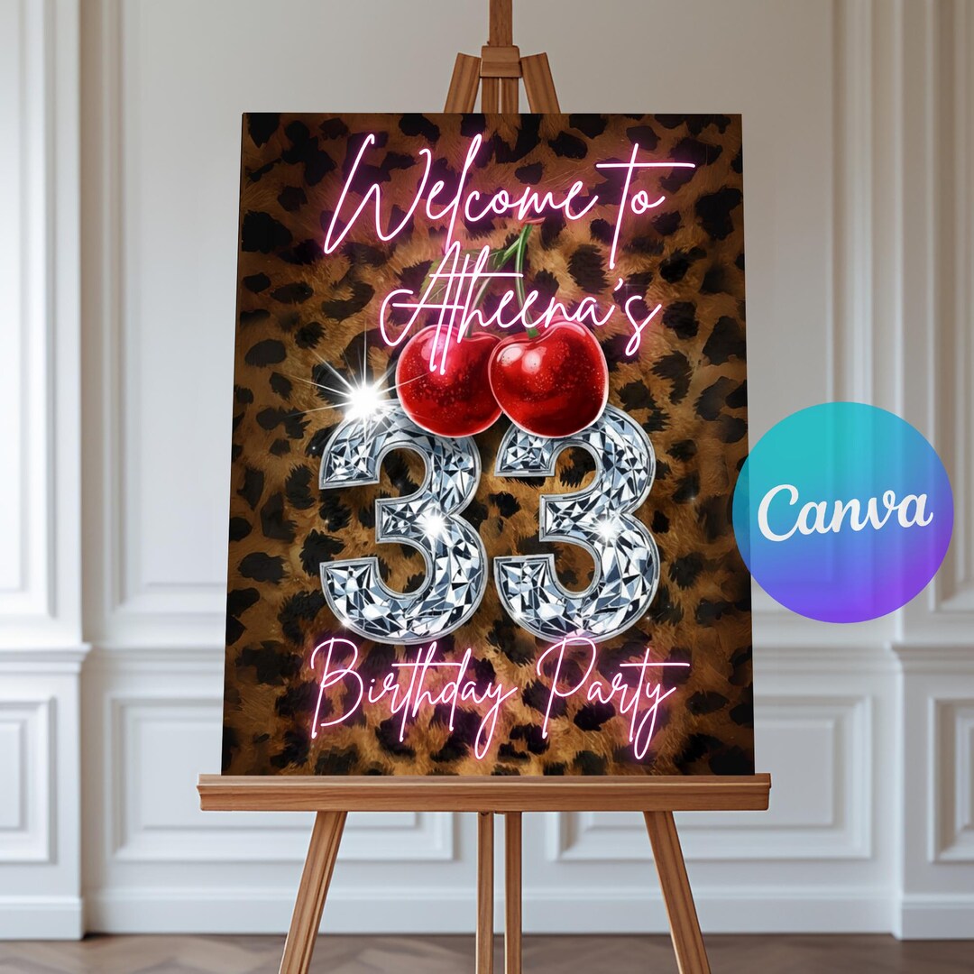 33th Cheetah Print Birthday Welcome Sign Template, Leopard Print, Girls ...