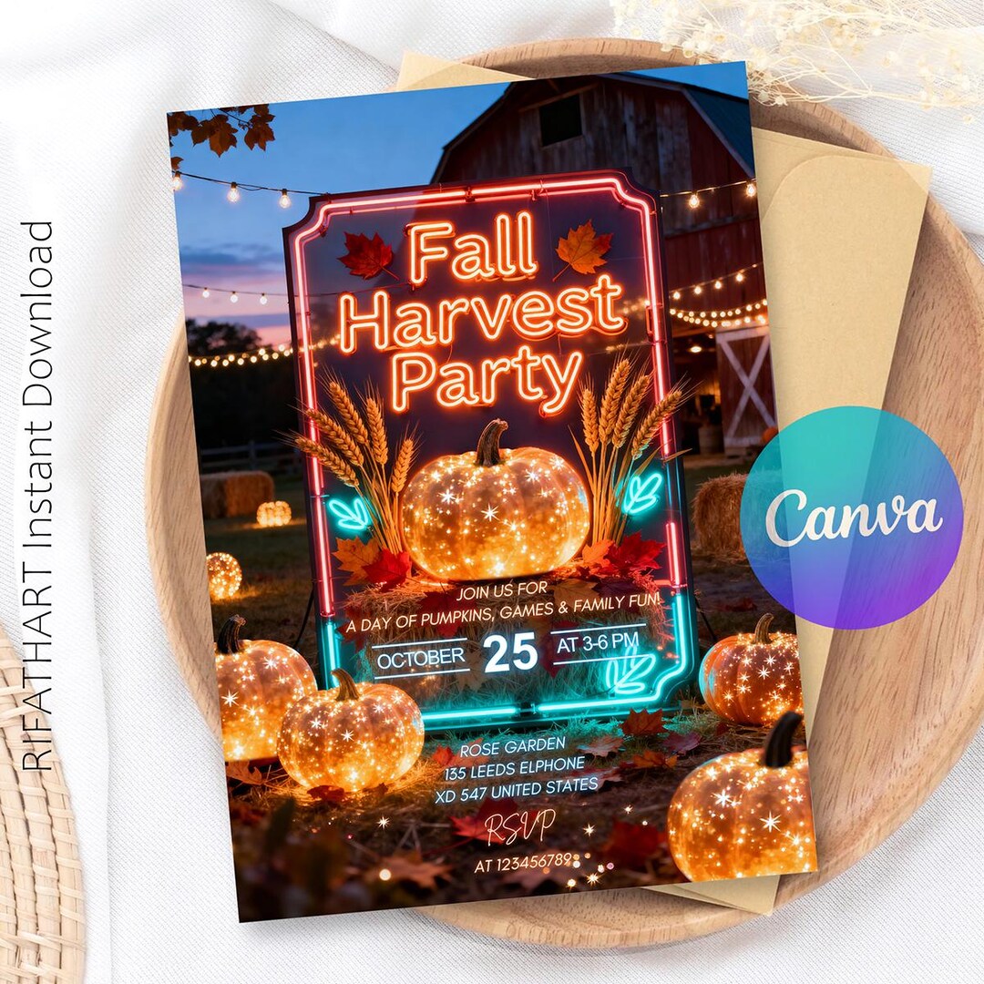 Neon Fall Harvest Party Invitation, Editable Canva Template (digital ...