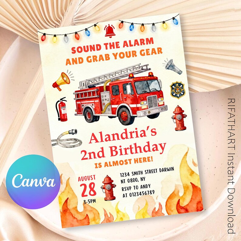 Fire Truck Birthday Invitation Template, Editable Canva (digital ...
