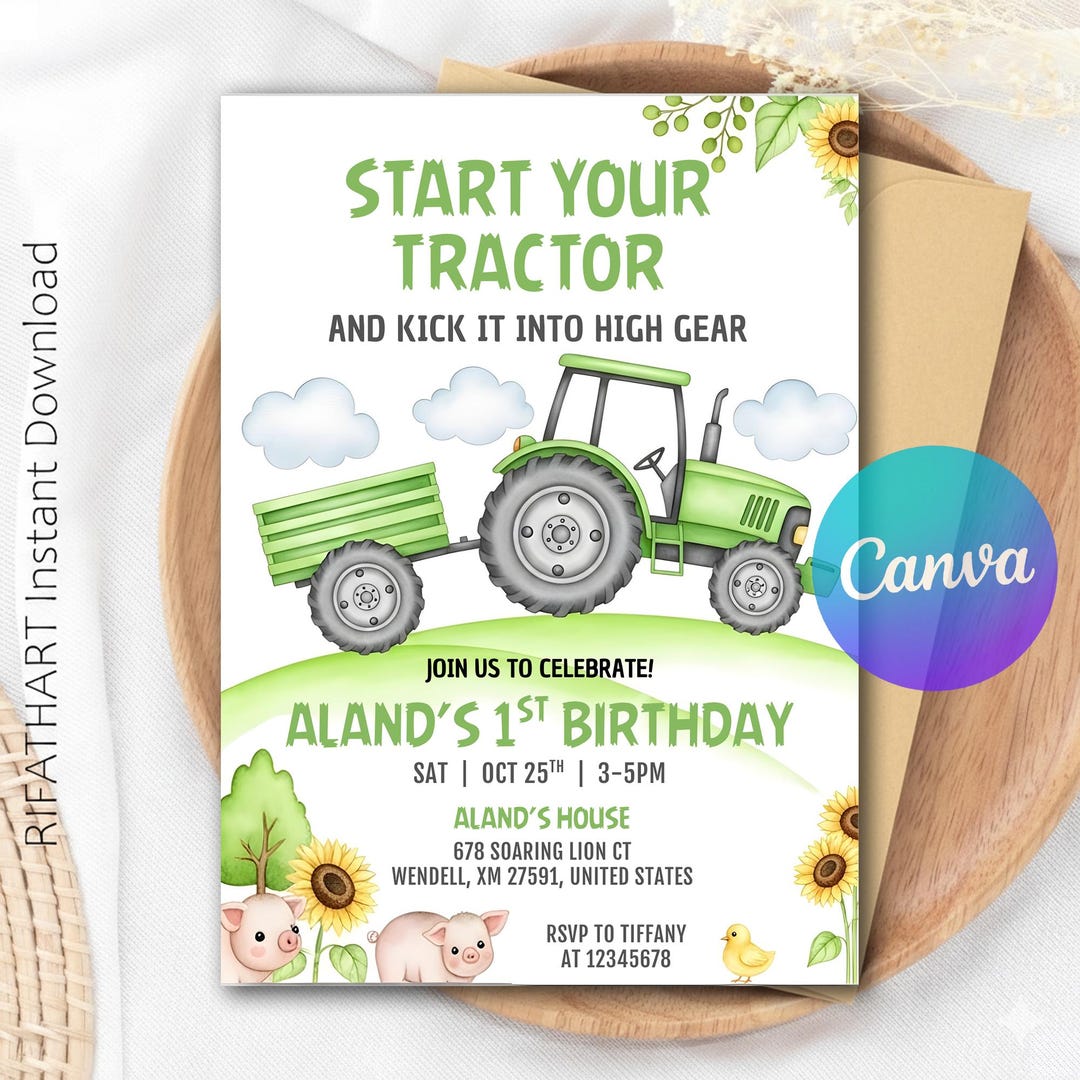 Editable Green Tractor Birthday Invitation, Editable Start Your Tractor ...