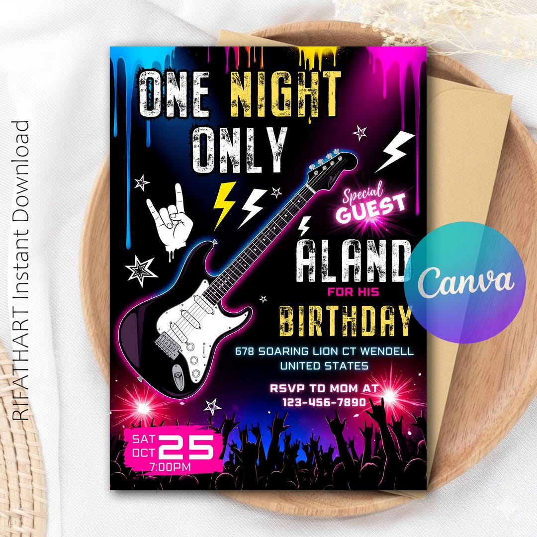 Rock Star Guitar Birthday Invitation, Rock Star Invite, Rock and Roll ...