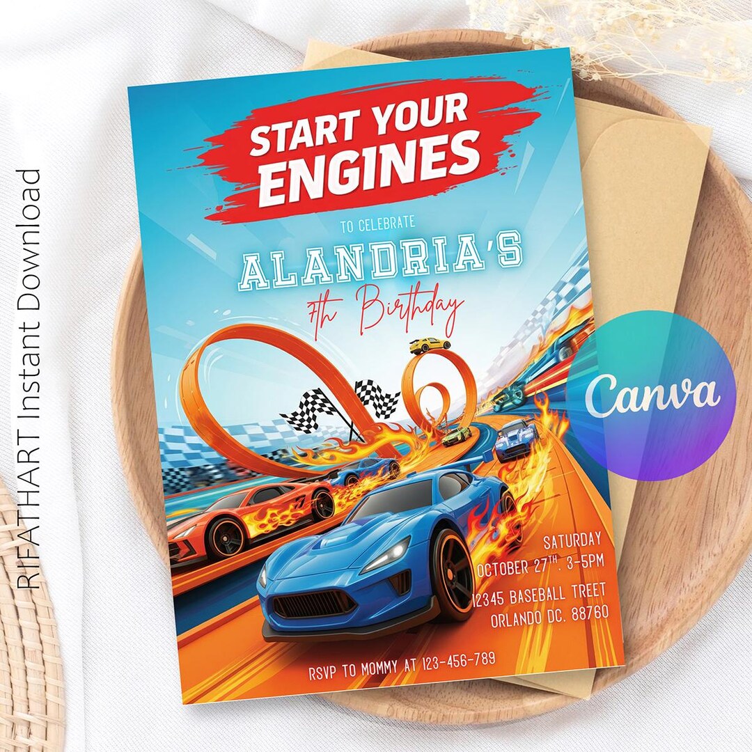 Race Car Birthday Invitation: Editable Hot Whee Ls Party (digital ...