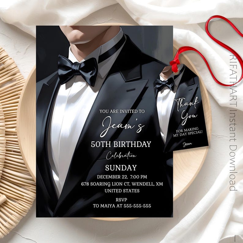 Tuxedo Birthday Invitation, Men’s Birthday, Black Tie, Canva Template ...