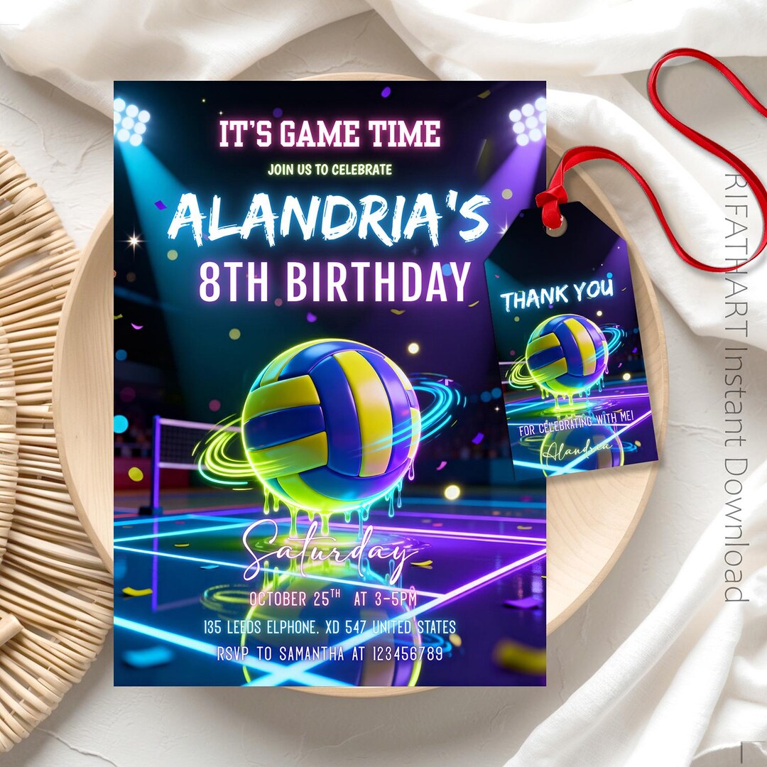 Glow Volleyball Birthday Invitation, Editable Canva (digital Download ...