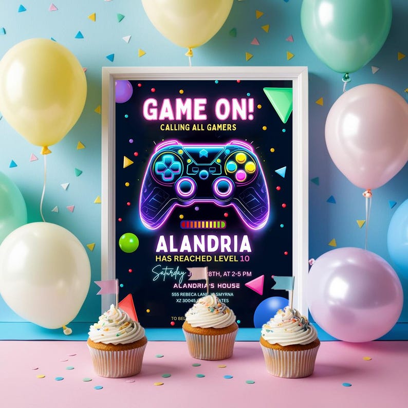 Neon Game on Birthday Invitation: Editable Video Game Party (canva ...