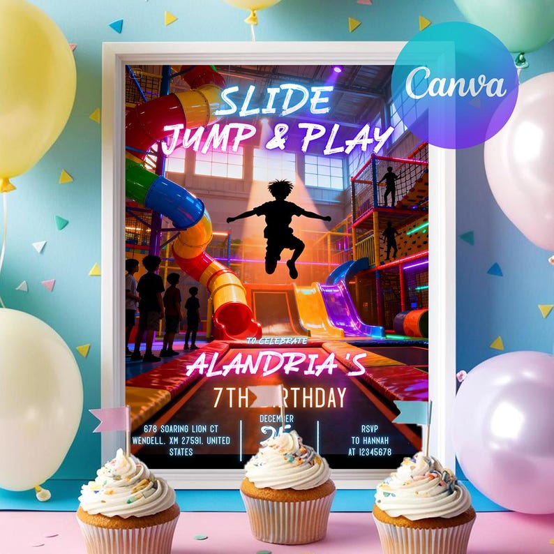 Slide Birthday Invitation, Neon Indoor Playground Party Invite, Fun ...